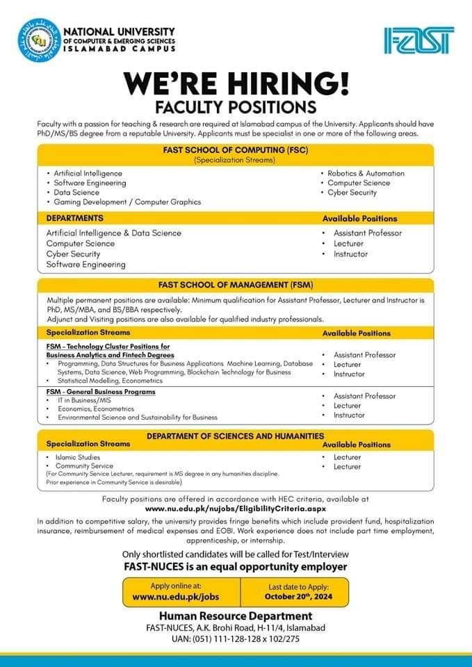 NUCES-FAST Islamabad is hiring for different faculty positions.